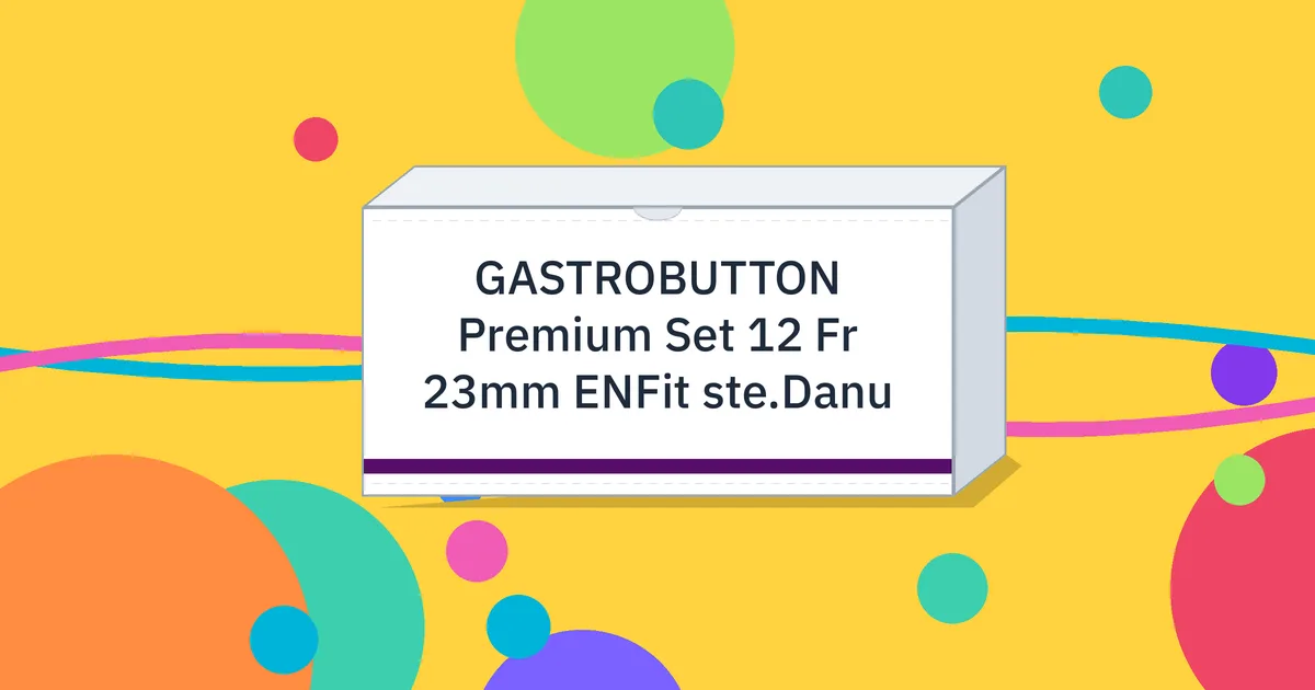 Symbolbild: Packung mit der Aufschrift GASTROBUTTON Premium Set 12 Fr 23mm ENFit ste.Danu (PZN 16883289) – Verfügbarkeit und Bezug in Apotheken in Frankfurt am Main
