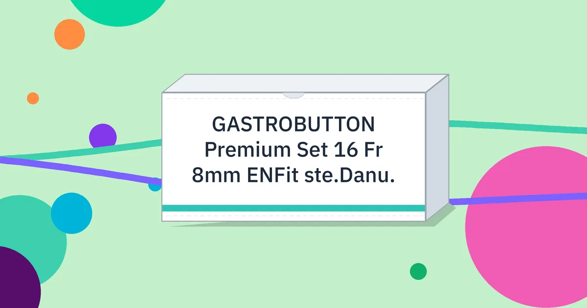 Symbolbild: Packung mit der Aufschrift GASTROBUTTON Premium Set 16 Fr 8mm ENFit ste.Danu. (PZN 16883556) – Verfügbarkeit und Bezug in Apotheken in Frankfurt am Main