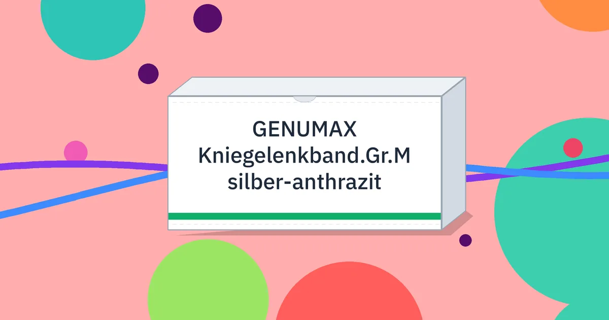 Symbolbild: Packung mit der Aufschrift GENUMAX Kniegelenkband.Gr.M silber-anthrazit (PZN 11097215) – Verfügbarkeit und Bezug in Apotheken in Frankfurt am Main