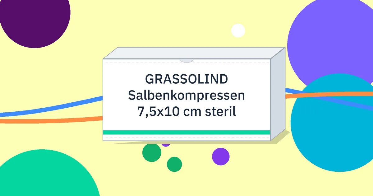Symbolbild: Packung mit der Aufschrift GRASSOLIND Salbenkompressen 7,5x10 cm steril (PZN 12594157) – Verfügbarkeit und Bezug in Apotheken in Frankfurt am Main
