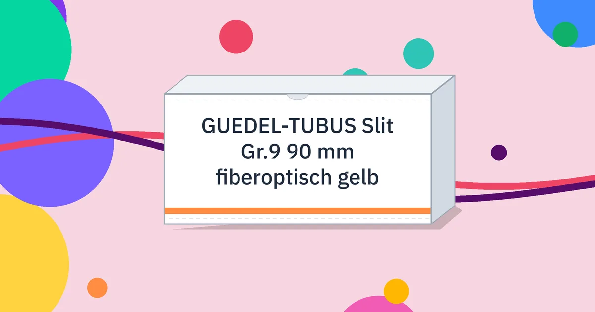 Symbolbild: Packung mit der Aufschrift GUEDEL-TUBUS Slit Gr.9 90 mm fiberoptisch gelb (PZN 15891306) – Verfügbarkeit und Bezug in Apotheken in Frankfurt am Main