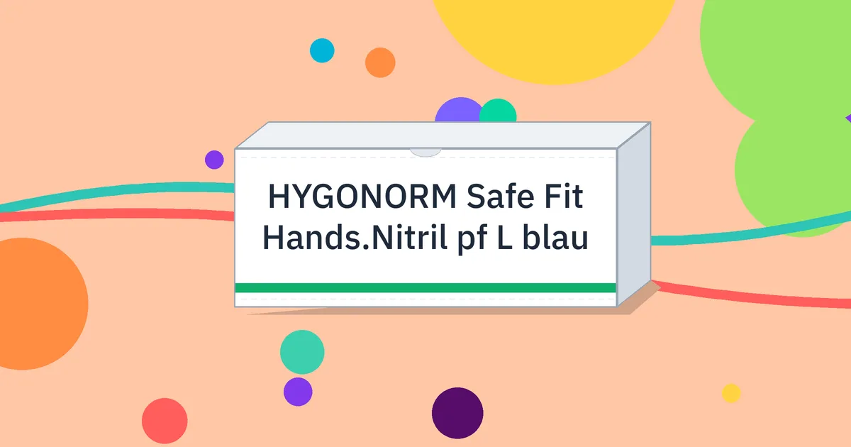 Symbolbild: Packung mit der Aufschrift HYGONORM Safe Fit Hands.Nitril pf L blau (PZN 20774442) – Verfügbarkeit und Bezug in Apotheken in Frankfurt am Main