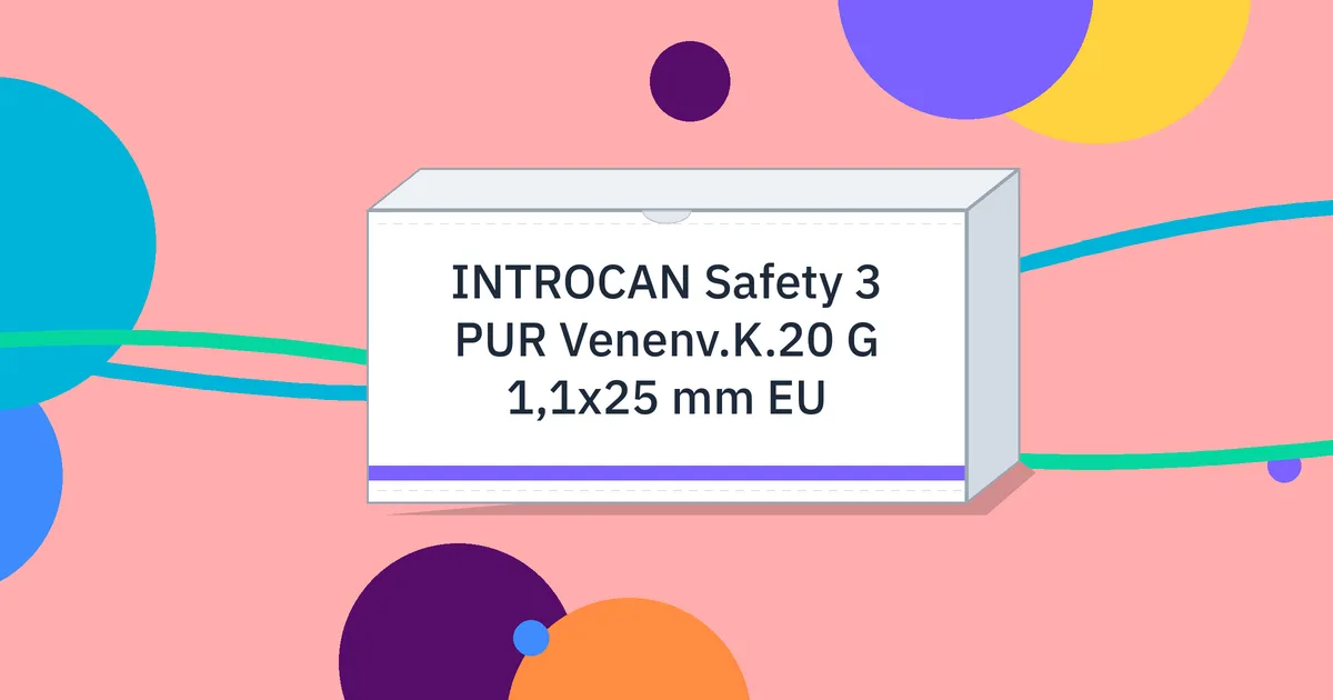 Symbolbild: Packung mit der Aufschrift INTROCAN Safety 3 PUR Venenv.K.20 G 1,1x25 mm EU (PZN 20345126) – Verfügbarkeit und Bezug in Apotheken in Frankfurt am Main