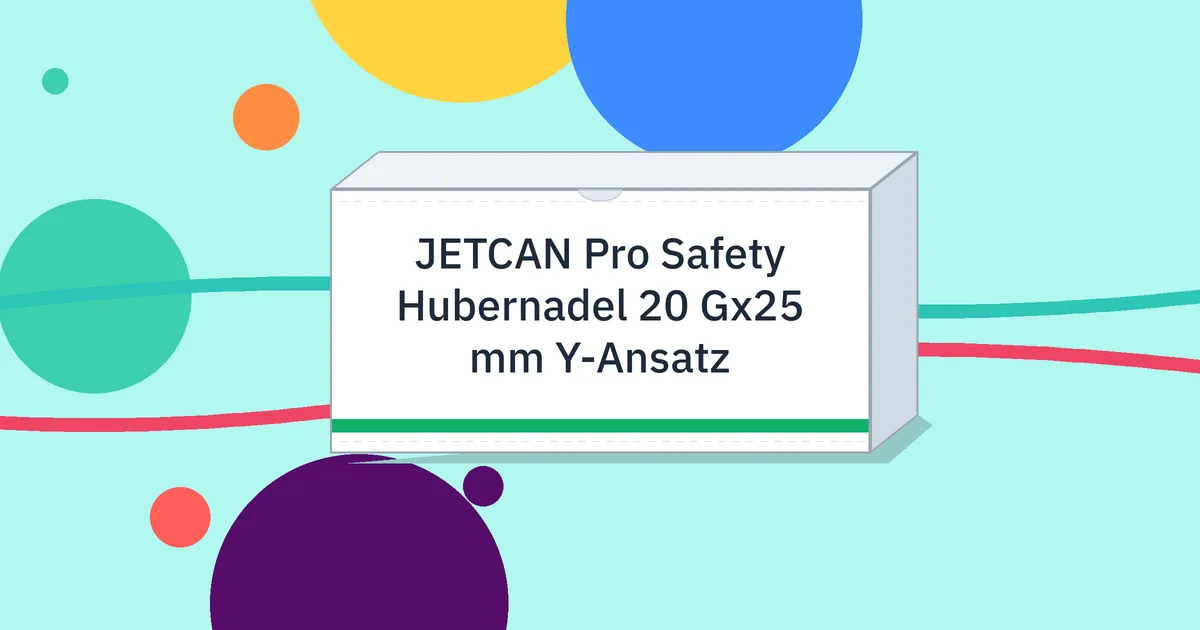 Symbolbild: Packung mit der Aufschrift JETCAN Pro Safety Hubernadel 20 Gx25 mm Y-Ansatz (PZN 19421000) – Verfügbarkeit und Bezug in Apotheken in Frankfurt am Main