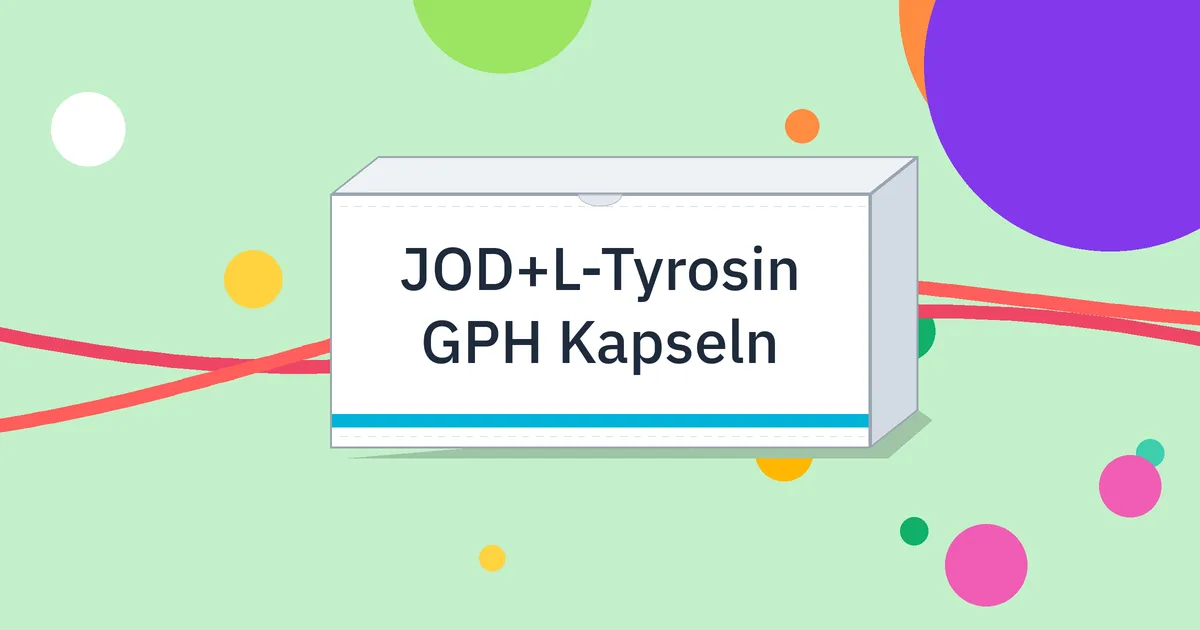 Symbolbild: Packung mit der Aufschrift JOD+L-Tyrosin GPH Kapseln (PZN 07350571) – Verfügbarkeit und Bezug in Apotheken in Frankfurt am Main
