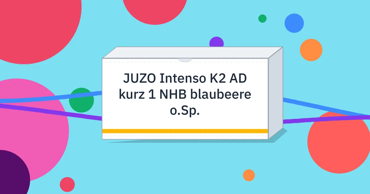 Symbolbild: Packung mit der Aufschrift JUZO Intenso K2 AD kurz 1 NHB blaubeere o.Sp. (PZN 18621576) – Verfügbarkeit und Bezug in Apotheken in Frankfurt am Main