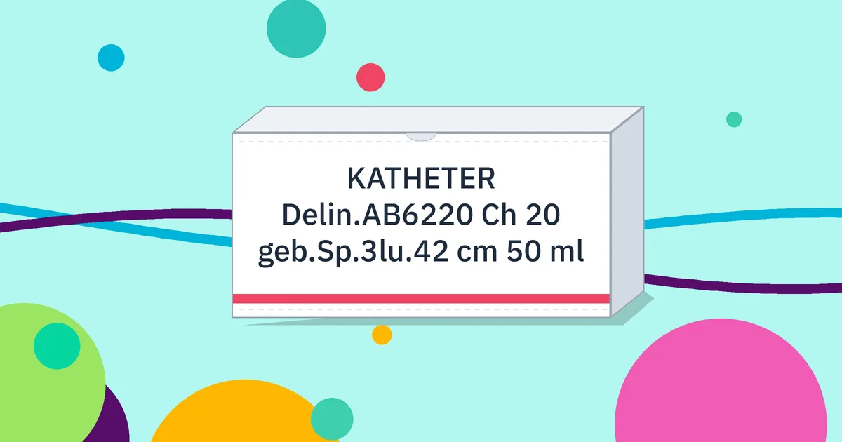 Symbolbild: Packung mit der Aufschrift KATHETER Delin.AB6220 Ch 20 geb.Sp.3lu.42 cm 50 ml (PZN 00152862) – Verfügbarkeit und Bezug in Apotheken in Frankfurt am Main