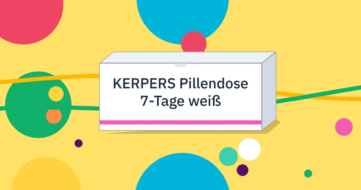 Symbolbild: Packung mit der Aufschrift KERPERS Pillendose 7-Tage weiß (PZN 17611334) – Verfügbarkeit und Bezug in Apotheken in Frankfurt am Main