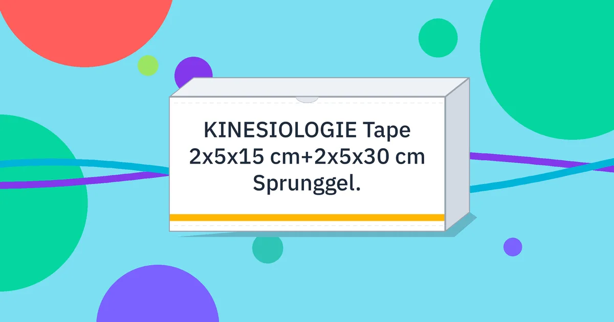 Symbolbild: Packung mit der Aufschrift KINESIOLOGIE Tape 2x5x15 cm+2x5x30 cm Sprunggel. (PZN 12373545) – Verfügbarkeit und Bezug in Apotheken in Frankfurt am Main