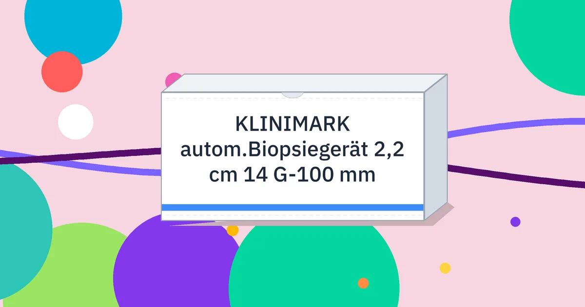 Symbolbild: Packung mit der Aufschrift KLINIMARK autom.Biopsiegerät 2,2 cm 14 G-100 mm (PZN 09208541) – Verfügbarkeit und Bezug in Apotheken in Frankfurt am Main