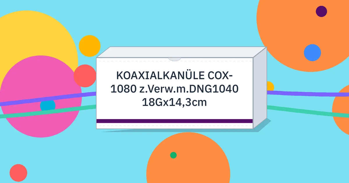 Symbolbild: Packung mit der Aufschrift KOAXIALKANÜLE COX-1080 z.Verw.m.DNG1040 18Gx14,3cm (PZN 00284629) – Verfügbarkeit und Bezug in Apotheken in Frankfurt am Main