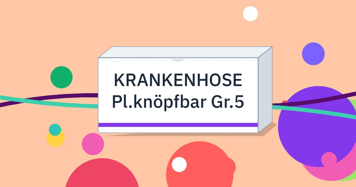 Symbolbild: Packung mit der Aufschrift KRANKENHOSE Pl.knöpfbar Gr.5 (PZN 01740868) – Verfügbarkeit und Bezug in Apotheken in Frankfurt am Main