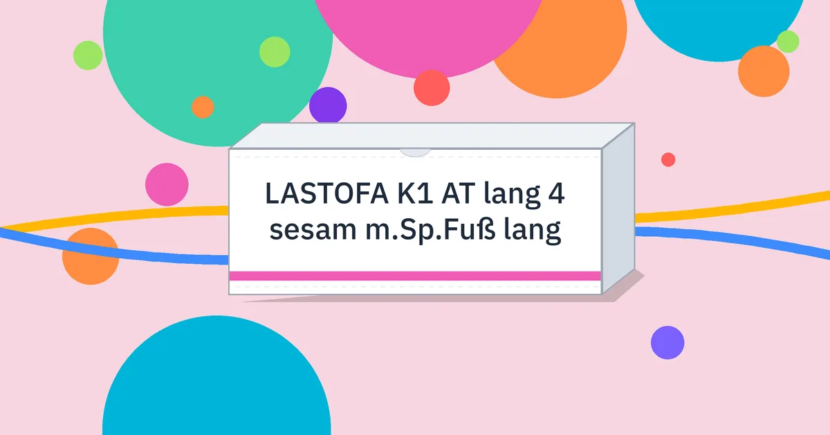 Symbolbild: Packung mit der Aufschrift LASTOFA K1 AT lang 4 sesam m.Sp.Fuß lang (PZN 13796319) – Verfügbarkeit und Bezug in Apotheken in Frankfurt am Main