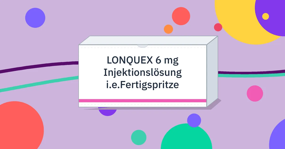 Symbolbild: Packung mit der Aufschrift LONQUEX 6 mg Injektionslösung i.e.Fertigspritze (PZN 16875640) – Verfügbarkeit und Bezug in Apotheken in Frankfurt am Main