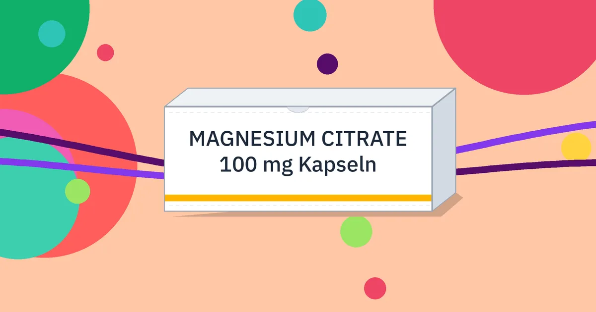 Symbolbild: Packung mit der Aufschrift MAGNESIUM CITRATE 100 mg Kapseln (PZN 19740366) – Verfügbarkeit und Bezug in Apotheken in Frankfurt am Main