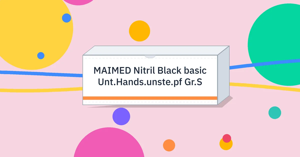 Symbolbild: Packung mit der Aufschrift MAIMED Nitril Black basic Unt.Hands.unste.pf Gr.S (PZN 19775034) – Verfügbarkeit und Bezug in Apotheken in Frankfurt am Main