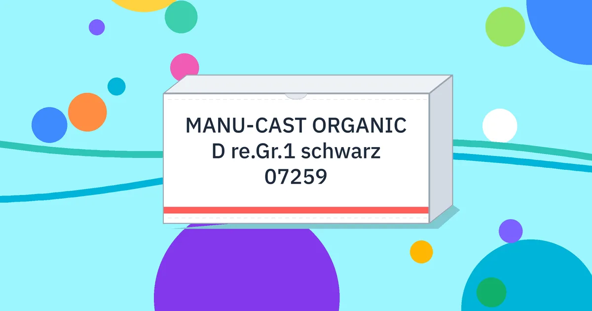 Symbolbild: Packung mit der Aufschrift MANU-CAST ORGANIC D re.Gr.1 schwarz 07259 (PZN 17890009) – Verfügbarkeit und Bezug in Apotheken in Frankfurt am Main