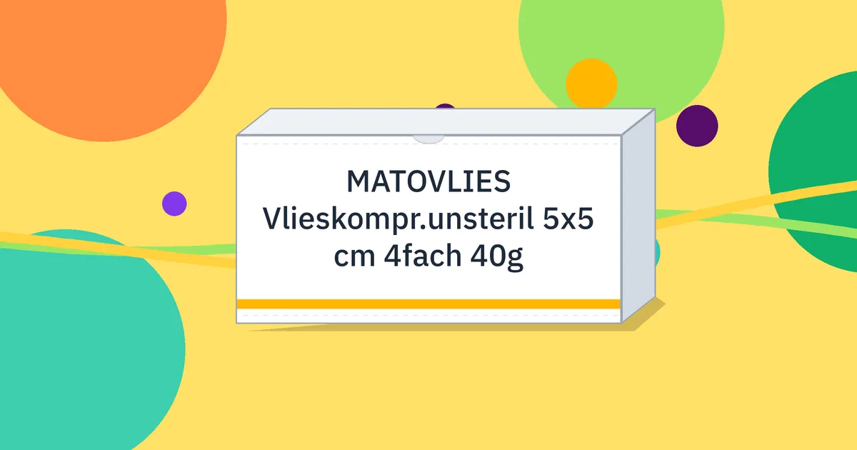 Symbolbild: Packung mit der Aufschrift MATOVLIES Vlieskompr.unsteril 5x5 cm 4fach 40g (PZN 16327393) – Verfügbarkeit und Bezug in Apotheken in Frankfurt am Main