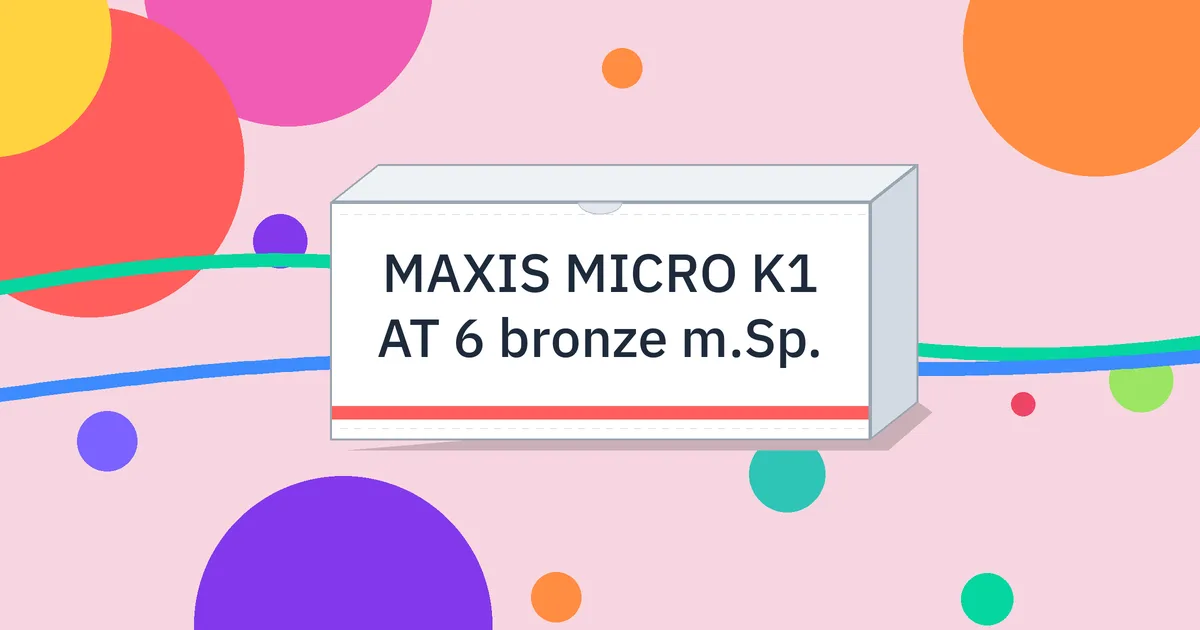 Symbolbild: Packung mit der Aufschrift MAXIS MICRO K1 AT 6 bronze m.Sp. (PZN 17671425) – Verfügbarkeit und Bezug in Apotheken in Frankfurt am Main