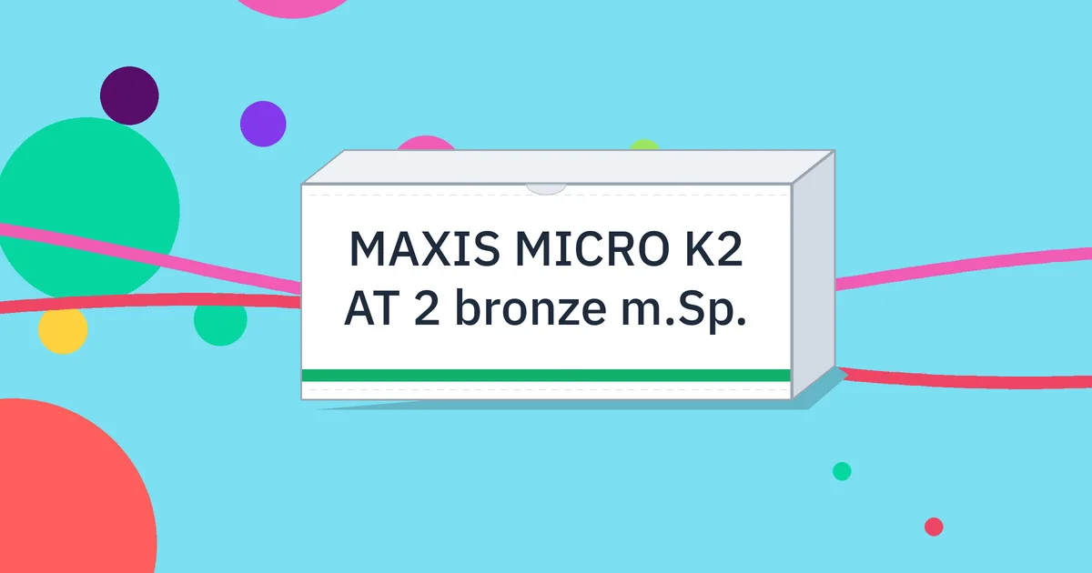 Symbolbild: Packung mit der Aufschrift MAXIS MICRO K2 AT 2 bronze m.Sp. (PZN 17672850) – Verfügbarkeit und Bezug in Apotheken in Frankfurt am Main
