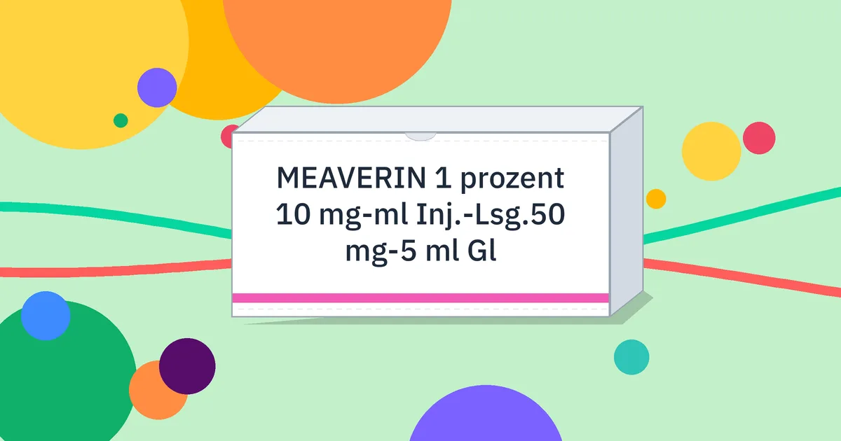 Symbolbild: Packung mit der Aufschrift MEAVERIN 1 prozent 10 mg-ml Inj.-Lsg.50 mg-5 ml Gl (PZN 11101371) – Verfügbarkeit und Bezug in Apotheken in Frankfurt am Main