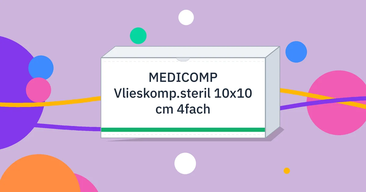 Symbolbild: Packung mit der Aufschrift MEDICOMP Vlieskomp.steril 10x10 cm 4fach (PZN 17200223) – Verfügbarkeit und Bezug in Apotheken in Frankfurt am Main