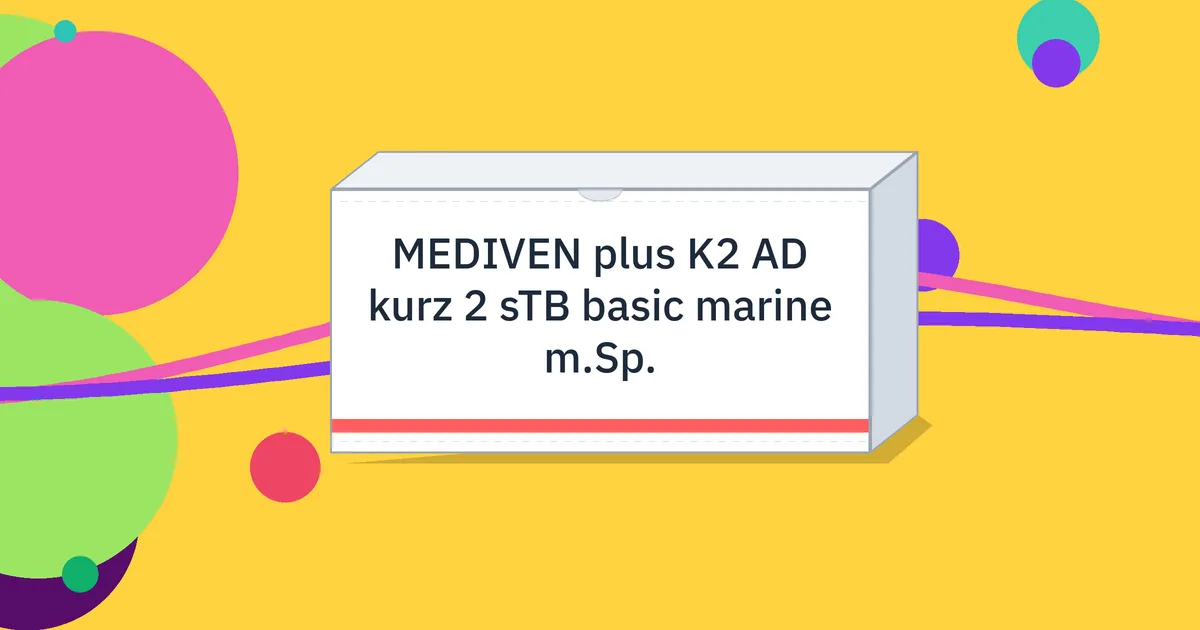 Symbolbild: Packung mit der Aufschrift MEDIVEN plus K2 AD kurz 2 sTB basic marine m.Sp. (PZN 15099056) – Verfügbarkeit und Bezug in Apotheken in Frankfurt am Main