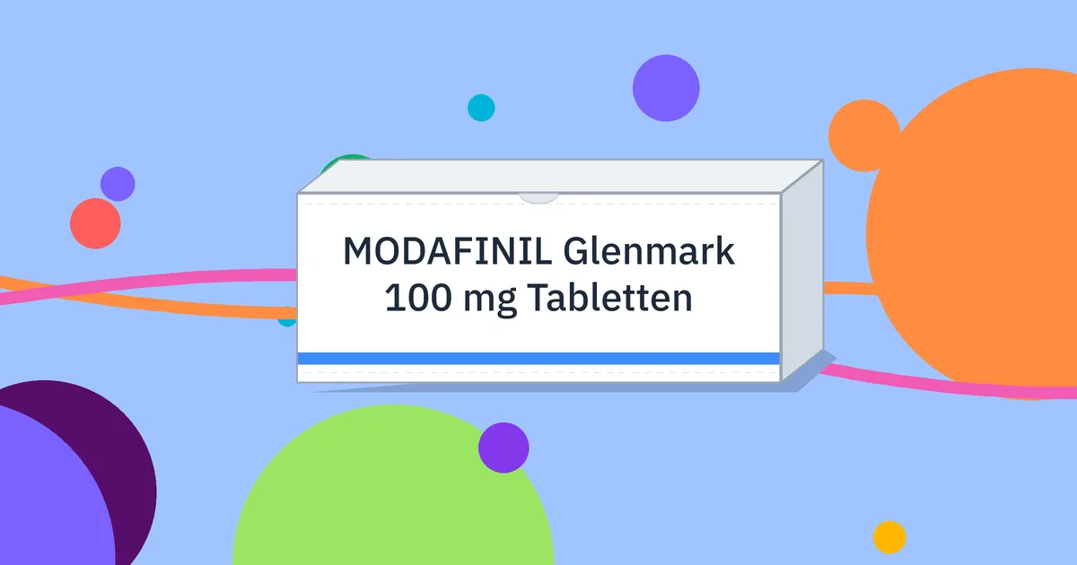Symbolbild: Packung mit der Aufschrift MODAFINIL Glenmark 100 mg Tabletten (PZN 11323485) – Verfügbarkeit und Bezug in Apotheken in Frankfurt am Main