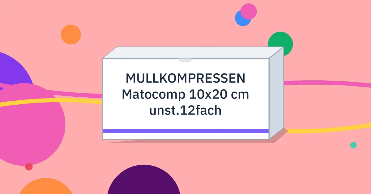 Symbolbild: Packung mit der Aufschrift MULLKOMPRESSEN Matocomp 10x20 cm unst.12fach (PZN 03377797) – Verfügbarkeit und Bezug in Apotheken in Frankfurt am Main