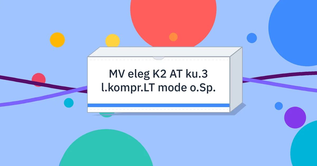 Symbolbild: Packung mit der Aufschrift MV eleg K2 AT ku.3 l.kompr.LT mode o.Sp. (PZN 06189760) – Verfügbarkeit und Bezug in Apotheken in Frankfurt am Main