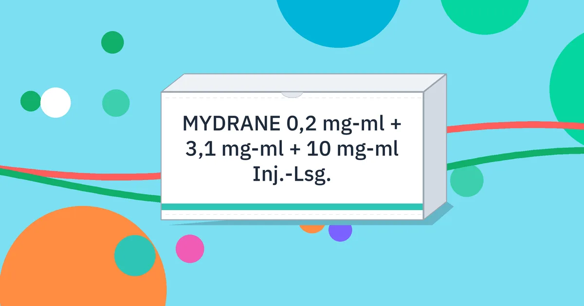 Symbolbild: Packung mit der Aufschrift MYDRANE 0,2 mg-ml + 3,1 mg-ml + 10 mg-ml Inj.-Lsg. (PZN 12473620) – Verfügbarkeit und Bezug in Apotheken in Frankfurt am Main