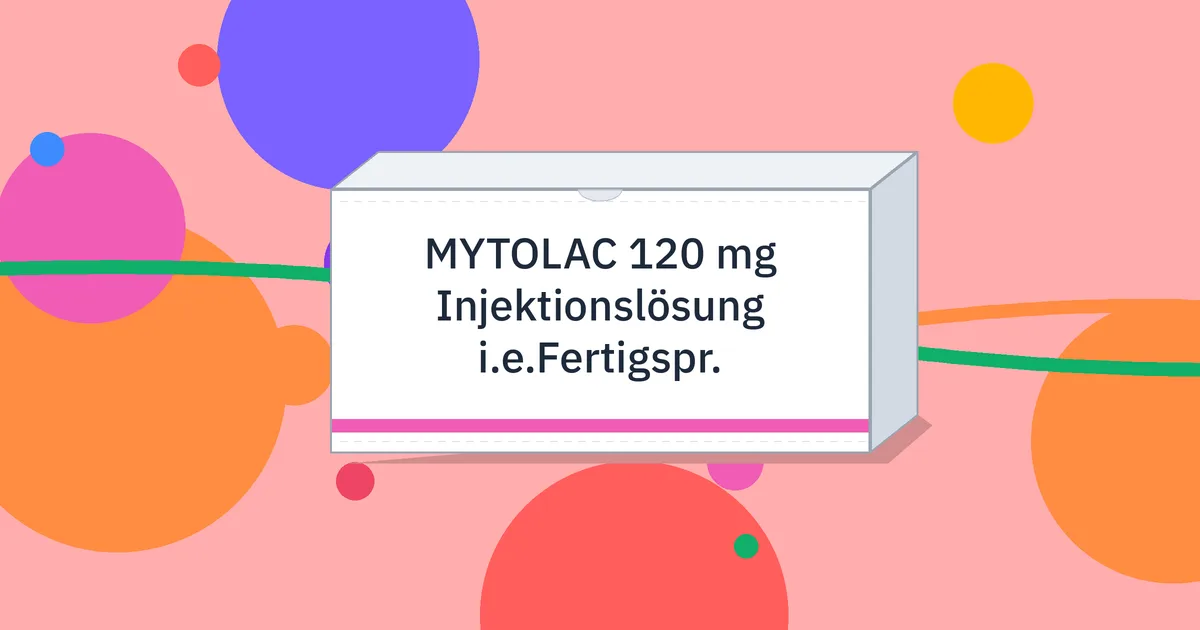 Symbolbild: Packung mit der Aufschrift MYTOLAC 120 mg Injektionslösung i.e.Fertigspr. (PZN 20000976) – Verfügbarkeit und Bezug in Apotheken in Frankfurt am Main