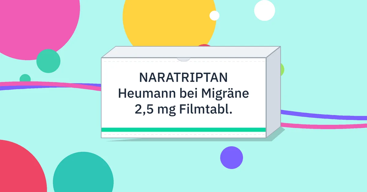 Symbolbild: Packung mit der Aufschrift NARATRIPTAN Heumann bei Migräne 2,5 mg Filmtabl. (PZN 09542263) – Verfügbarkeit und Bezug in Apotheken in Frankfurt am Main