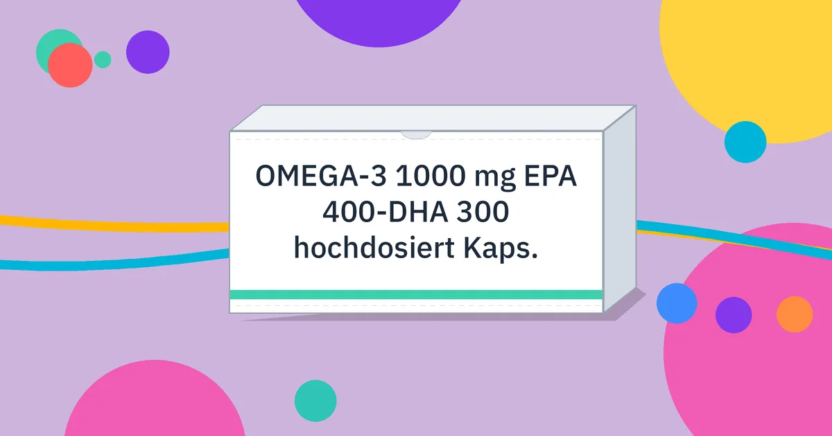 Symbolbild: Packung mit der Aufschrift OMEGA-3 1000 mg EPA 400-DHA 300 hochdosiert Kaps. (PZN 14347747) – Verfügbarkeit und Bezug in Apotheken in Frankfurt am Main