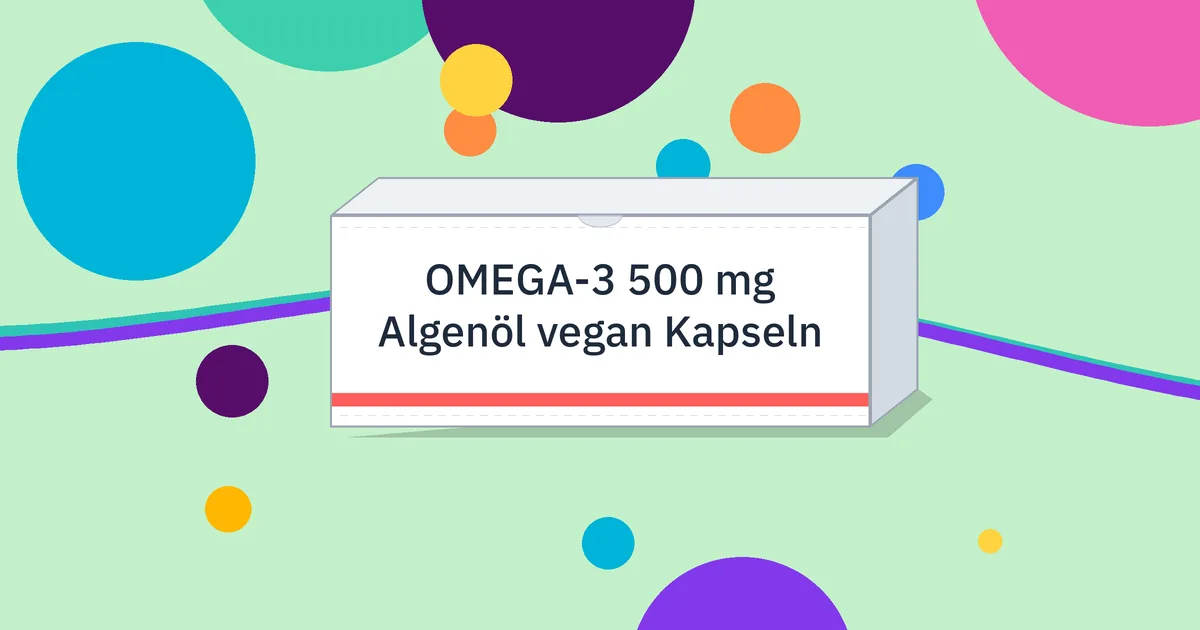 Symbolbild: Packung mit der Aufschrift OMEGA-3 500 mg Algenöl vegan Kapseln (PZN 19384397) – Verfügbarkeit und Bezug in Apotheken in Frankfurt am Main