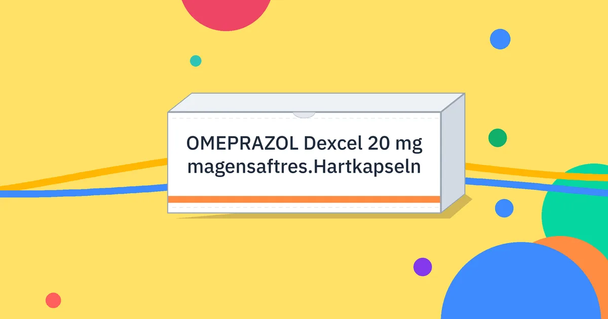 Symbolbild: Packung mit der Aufschrift OMEPRAZOL Dexcel 20 mg magensaftres.Hartkapseln (PZN 07745861) – Verfügbarkeit und Bezug in Apotheken in Frankfurt am Main