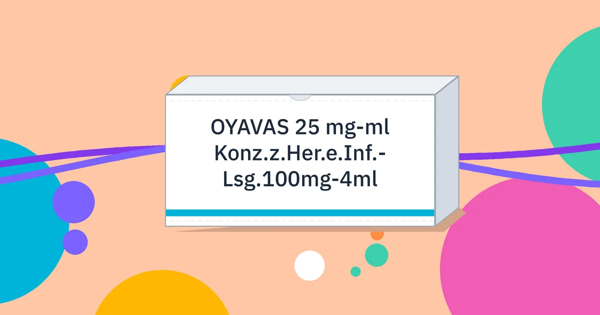 Symbolbild: Packung mit der Aufschrift OYAVAS 25 mg-ml Konz.z.Her.e.Inf.-Lsg.100mg-4ml (PZN 16911850) – Verfügbarkeit und Bezug in Apotheken in Frankfurt am Main