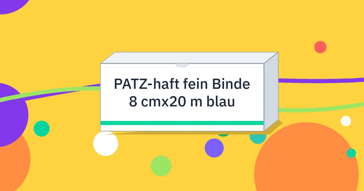 Symbolbild: Packung mit der Aufschrift PATZ-haft fein Binde 8 cmx20 m blau (PZN 06814376) – Verfügbarkeit und Bezug in Apotheken in Frankfurt am Main