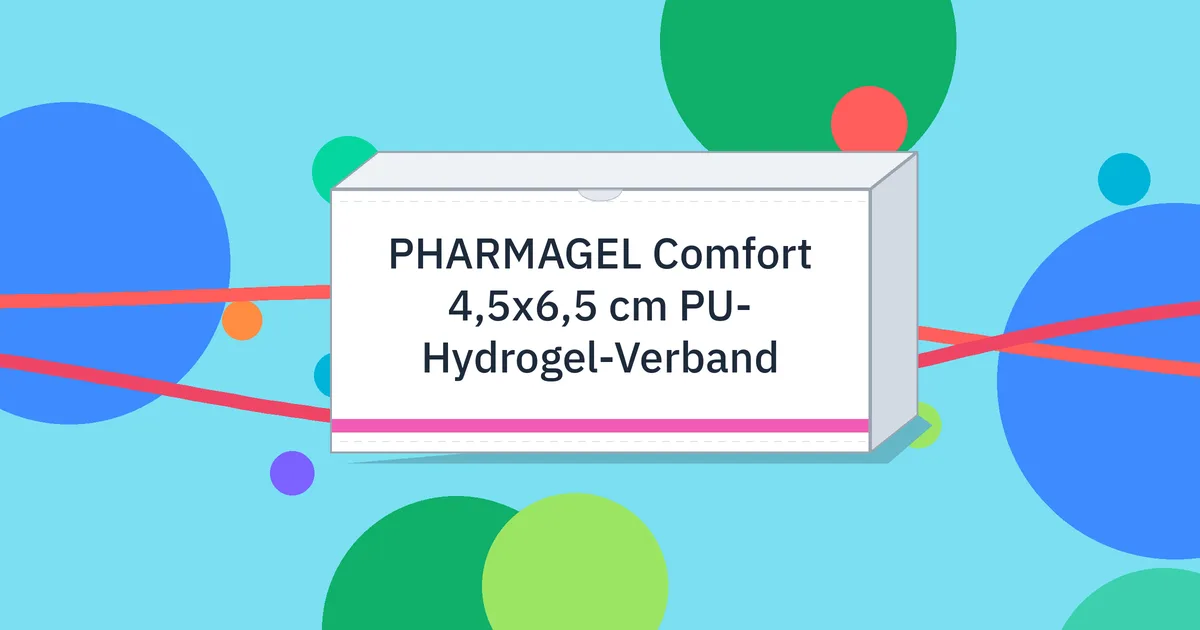 Symbolbild: Packung mit der Aufschrift PHARMAGEL Comfort 4,5x6,5 cm PU-Hydrogel-Verband (PZN 17468003) – Verfügbarkeit und Bezug in Apotheken in Frankfurt am Main