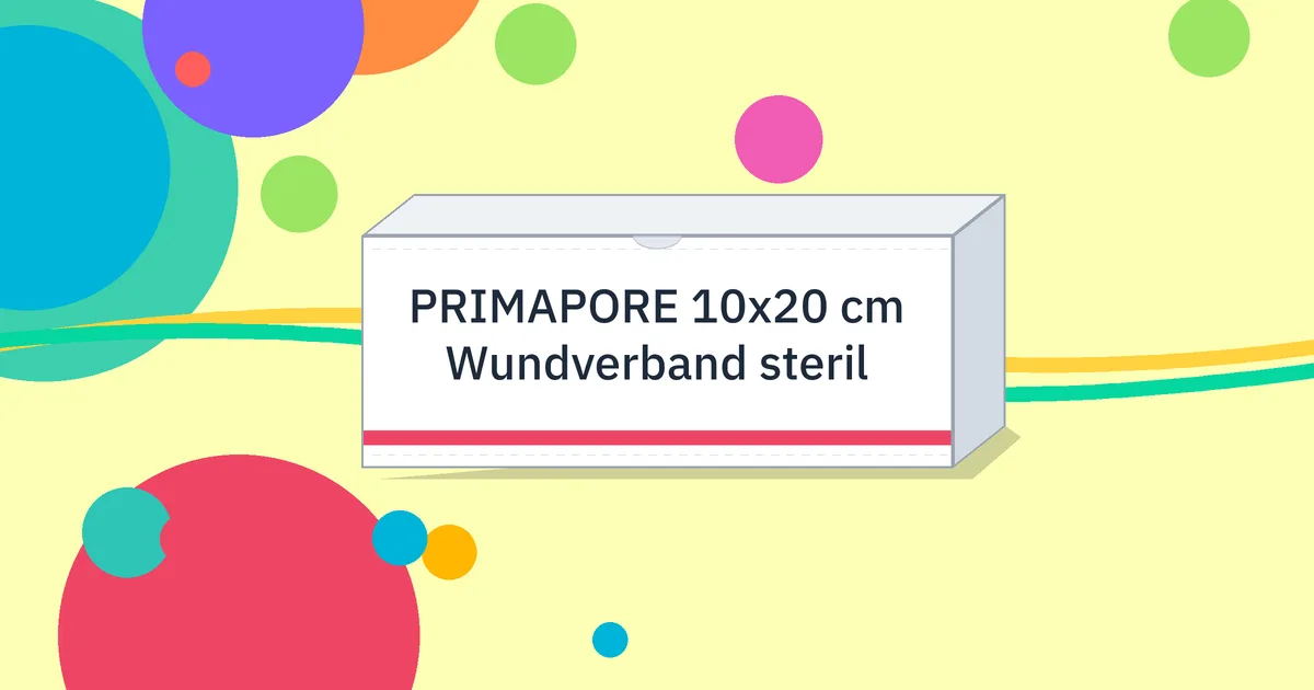 Symbolbild: Packung mit der Aufschrift PRIMAPORE 10x20 cm Wundverband steril (PZN 19843712) – Verfügbarkeit und Bezug in Apotheken in Frankfurt am Main