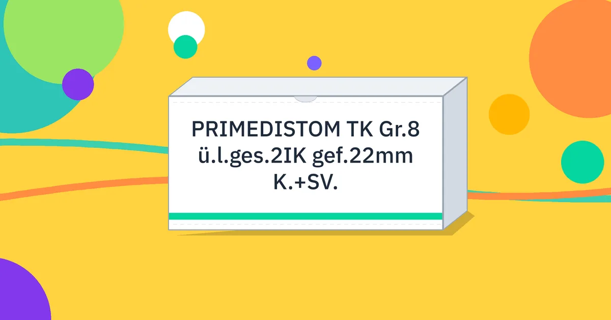 Symbolbild: Packung mit der Aufschrift PRIMEDISTOM TK Gr.8 ü.l.ges.2IK gef.22mm K.+SV. (PZN 10928571) – Verfügbarkeit und Bezug in Apotheken in Frankfurt am Main