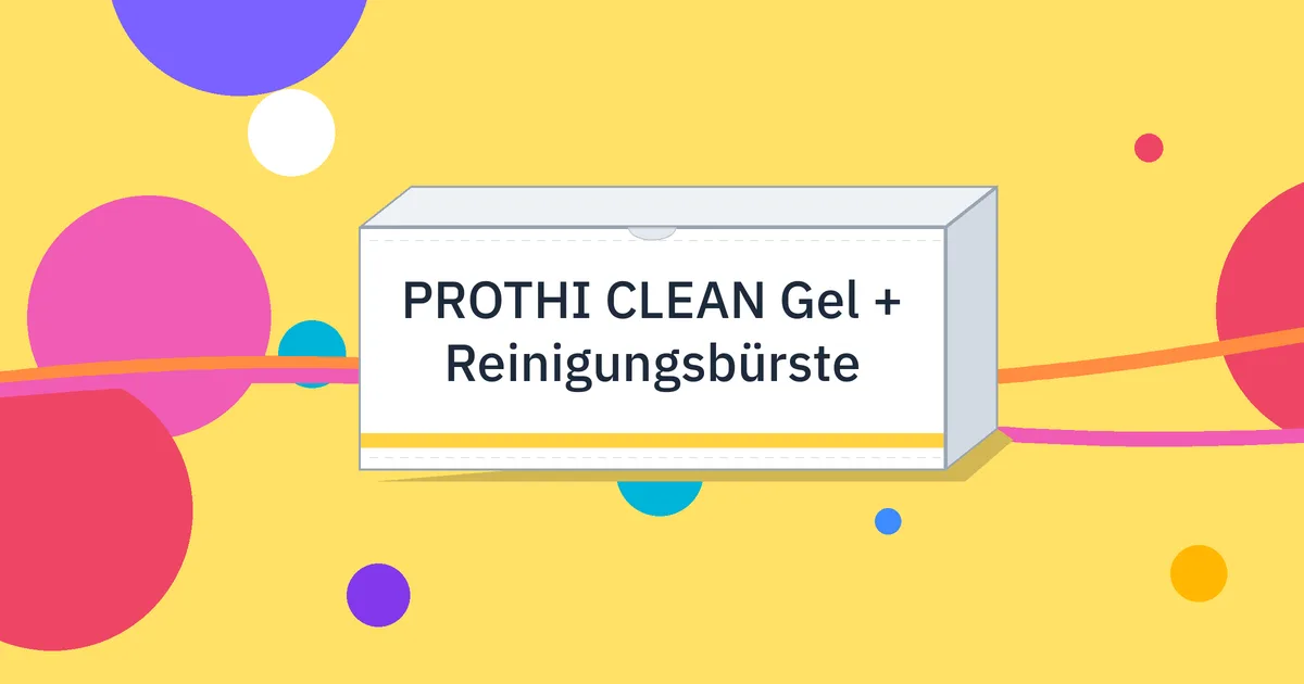 Symbolbild: Packung mit der Aufschrift PROTHI CLEAN Gel + Reinigungsbürste (PZN 04885780) – Verfügbarkeit und Bezug in Apotheken in Frankfurt am Main