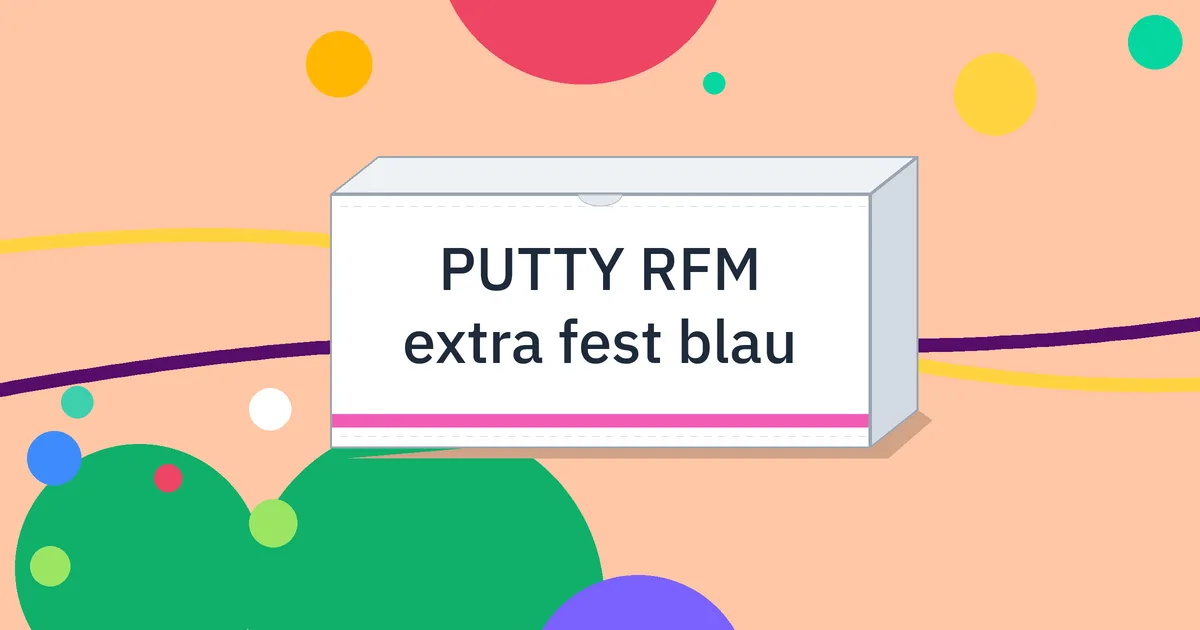 Symbolbild: Packung mit der Aufschrift PUTTY RFM extra fest blau (PZN 18818020) – Verfügbarkeit und Bezug in Apotheken in Frankfurt am Main