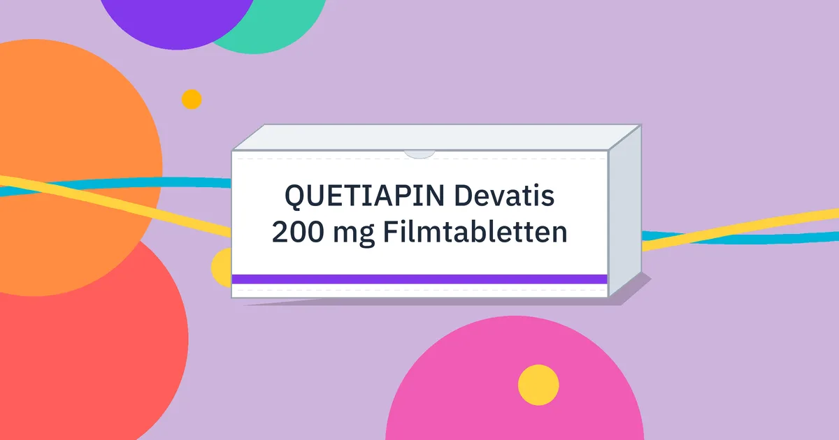 Symbolbild: Packung mit der Aufschrift QUETIAPIN Devatis 200 mg Filmtabletten (PZN 11484076) – Verfügbarkeit und Bezug in Apotheken in Frankfurt am Main