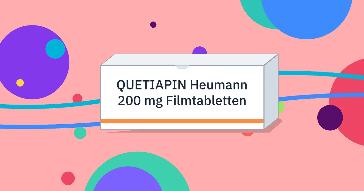 Symbolbild: Packung mit der Aufschrift QUETIAPIN Heumann 200 mg Filmtabletten (PZN 08850732) – Verfügbarkeit und Bezug in Apotheken in Frankfurt am Main
