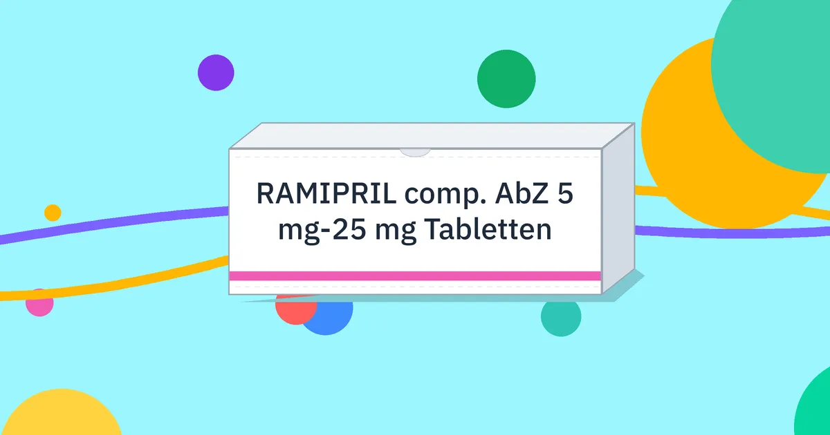 Symbolbild: Packung mit der Aufschrift RAMIPRIL comp. AbZ 5 mg-25 mg Tabletten (PZN 01755700) – Verfügbarkeit und Bezug in Apotheken in Frankfurt am Main