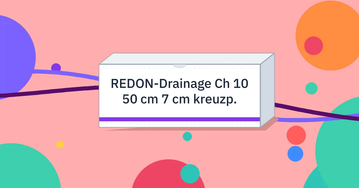 Symbolbild: Packung mit der Aufschrift REDON-Drainage Ch 10 50 cm 7 cm kreuzp. (PZN 17483770) – Verfügbarkeit und Bezug in Apotheken in Frankfurt am Main
