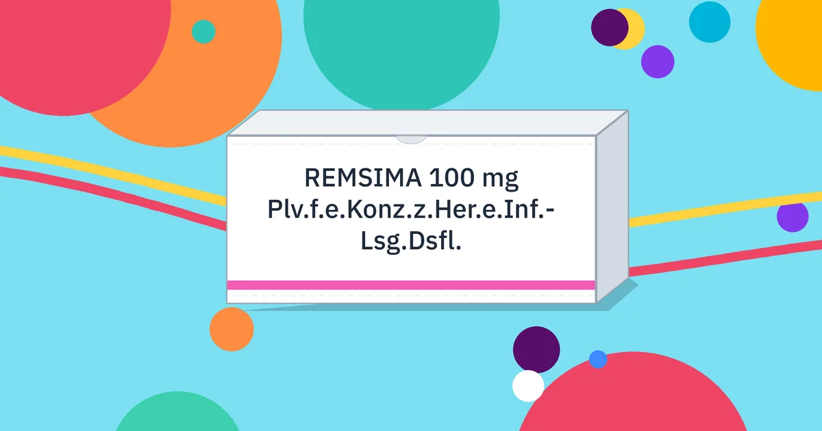 Symbolbild: Packung mit der Aufschrift REMSIMA 100 mg Plv.f.e.Konz.z.Her.e.Inf.-Lsg.Dsfl. (PZN 11697234) – Verfügbarkeit und Bezug in Apotheken in Frankfurt am Main