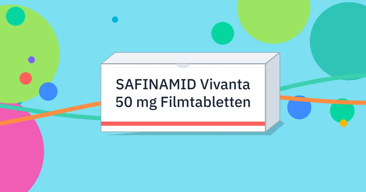 Symbolbild: Packung mit der Aufschrift SAFINAMID Vivanta 50 mg Filmtabletten (PZN 20045559) – Verfügbarkeit und Bezug in Apotheken in Frankfurt am Main