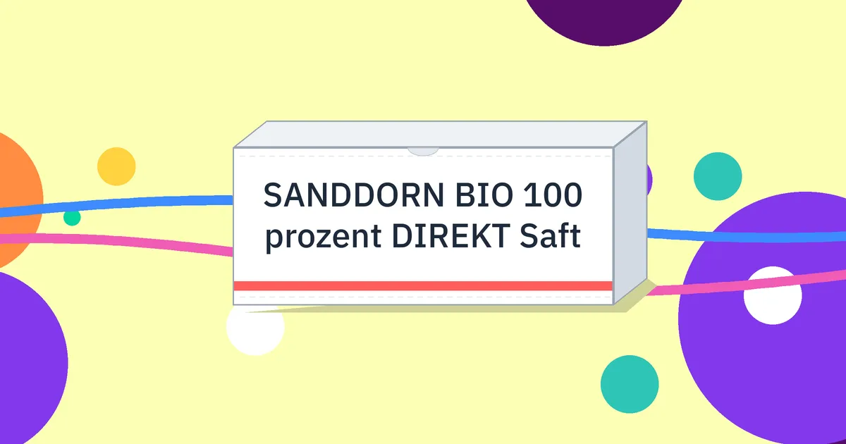 Symbolbild: Packung mit der Aufschrift SANDDORN BIO 100 prozent DIREKT Saft (PZN 10386006) – Verfügbarkeit und Bezug in Apotheken in Frankfurt am Main